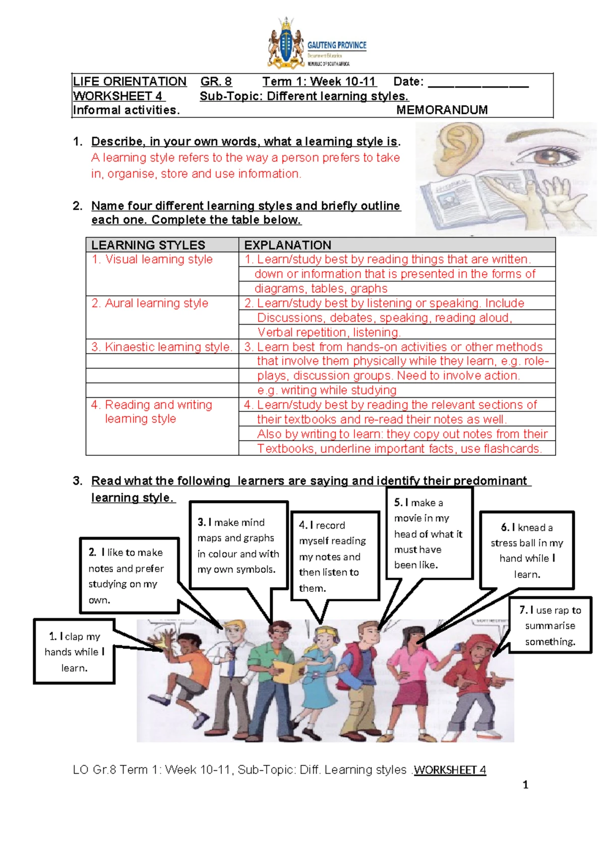 LIFE Orientation Gr 10 Term 1 Remote Learning Exercises Weeks 1-10 ...