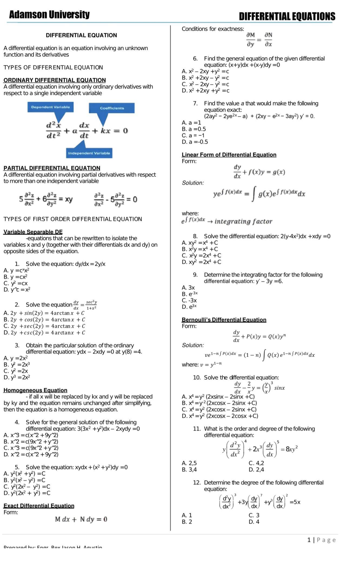 Adamson University MATH 201 Differential Equations Final Exam Notes ...