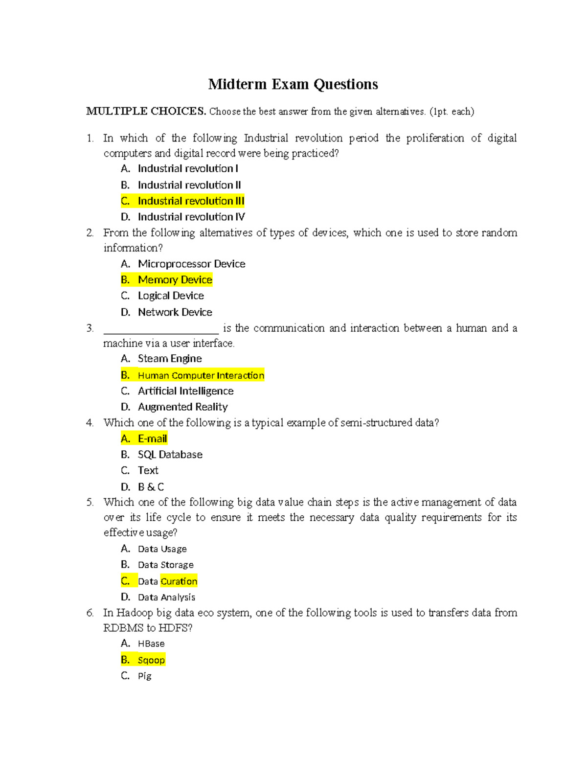 Midterm Exam Questions for CS 101: Industrial Revolution & Data Systems - Studocu