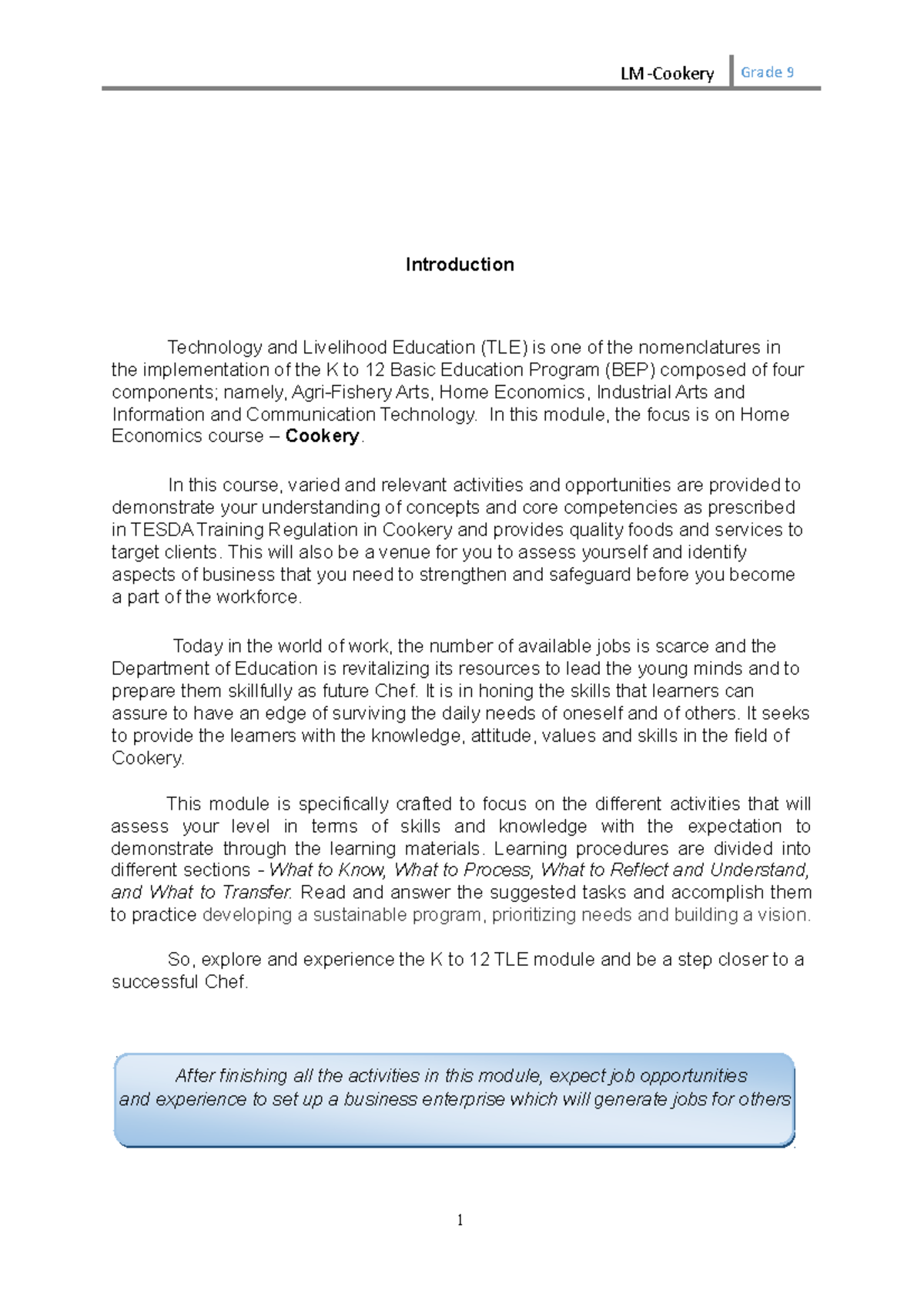 Cookery Module Overview for TLE 9: Skills Development and Standards ...