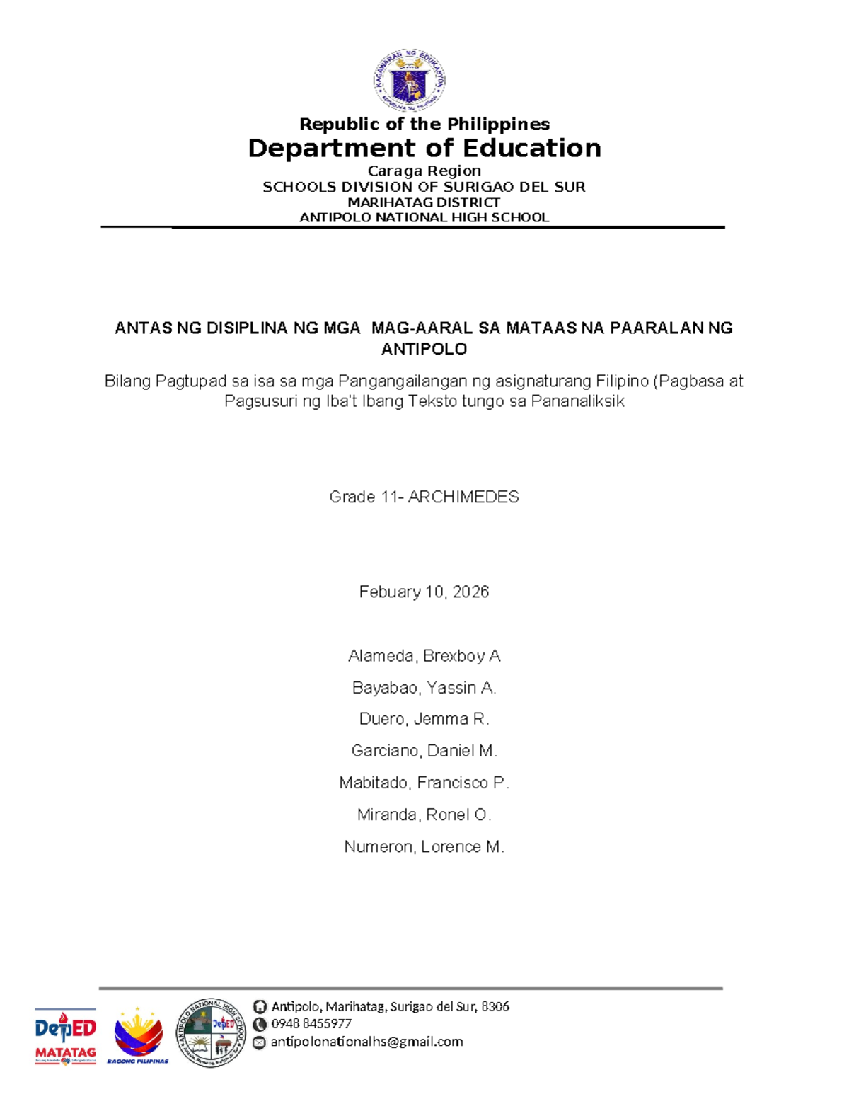 Antas ng Disiplina ng mga Mag-aaral sa Antipolo National High School ...