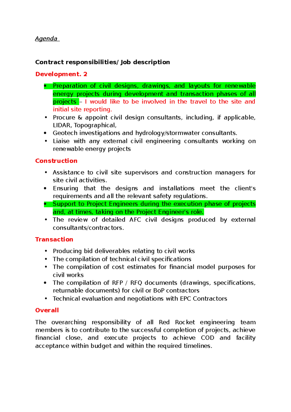Agenda for Contract Job Description Development: Civil Designs ...