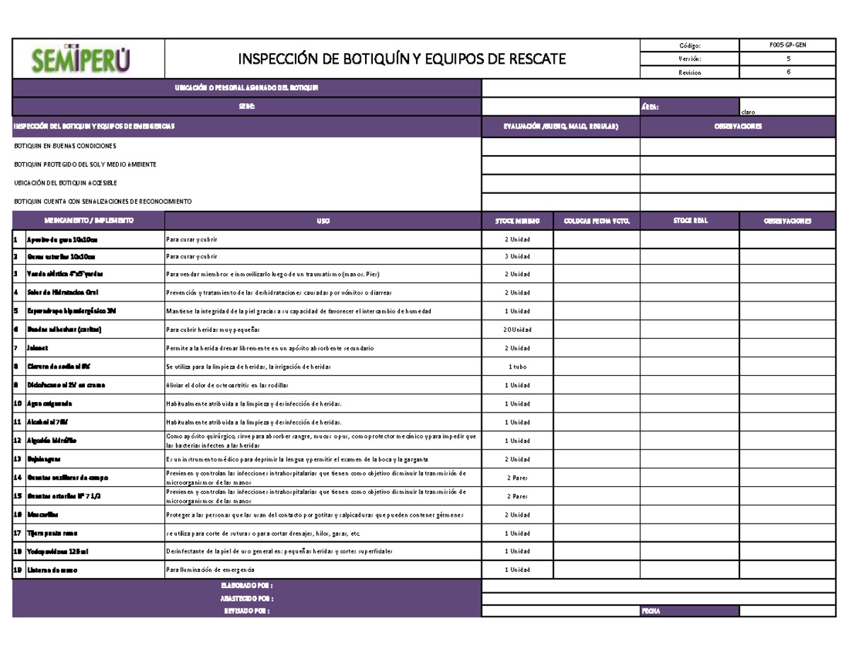 Inspección de Botiquín y Equipos de Emergencia - F005-GP-GEN V5 - Studocu