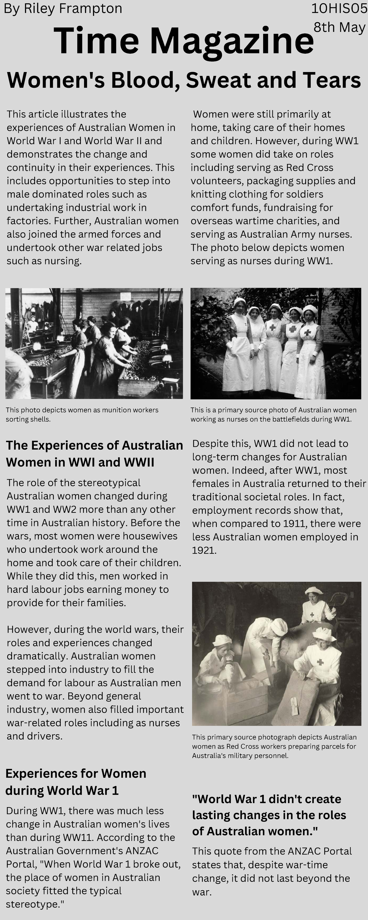 10HIS05 History Assessment: Australian Women's Roles in WWI & WWII ...