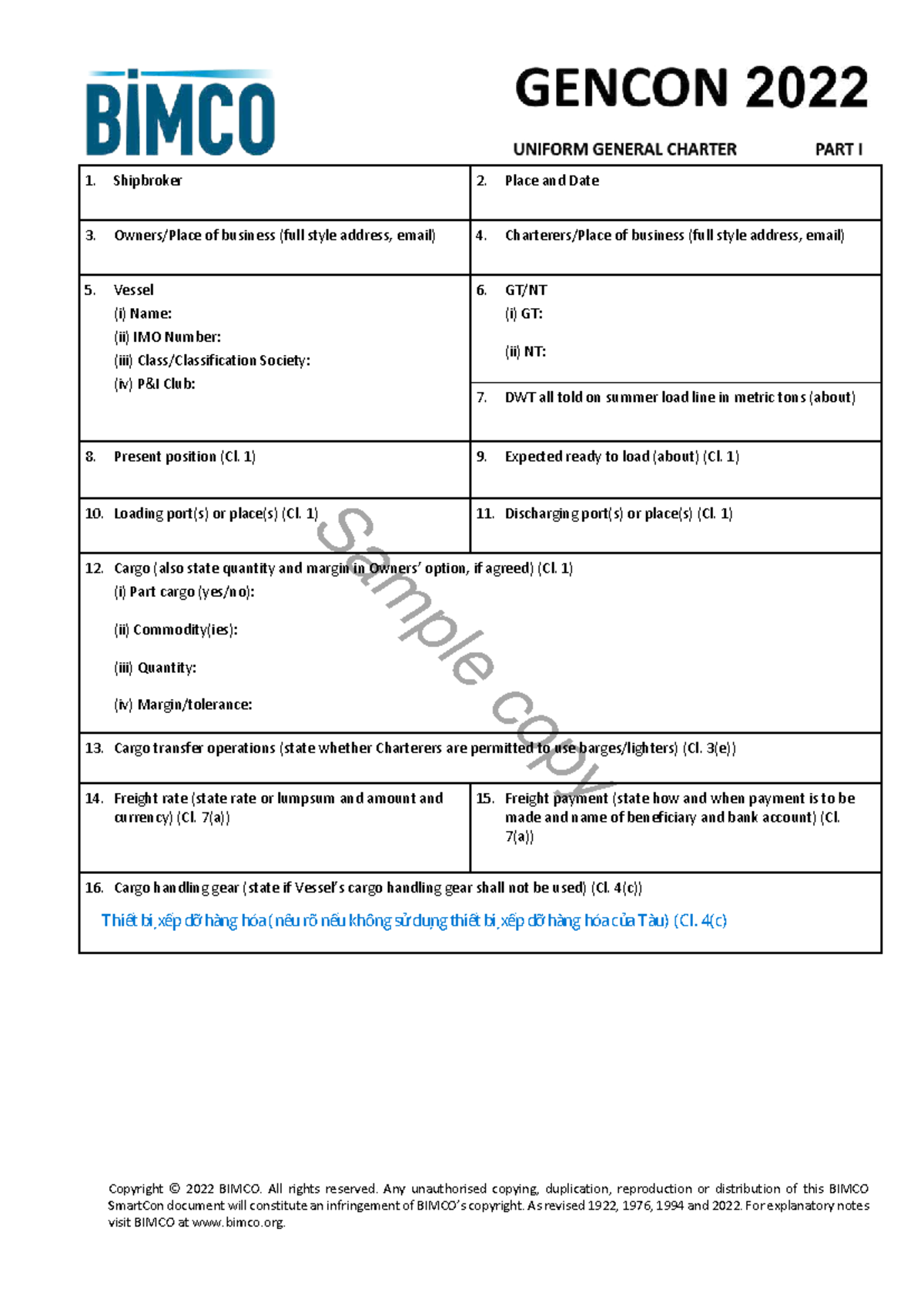 GENCON 2022 Sample Charter Party Template Overview - Studocu
