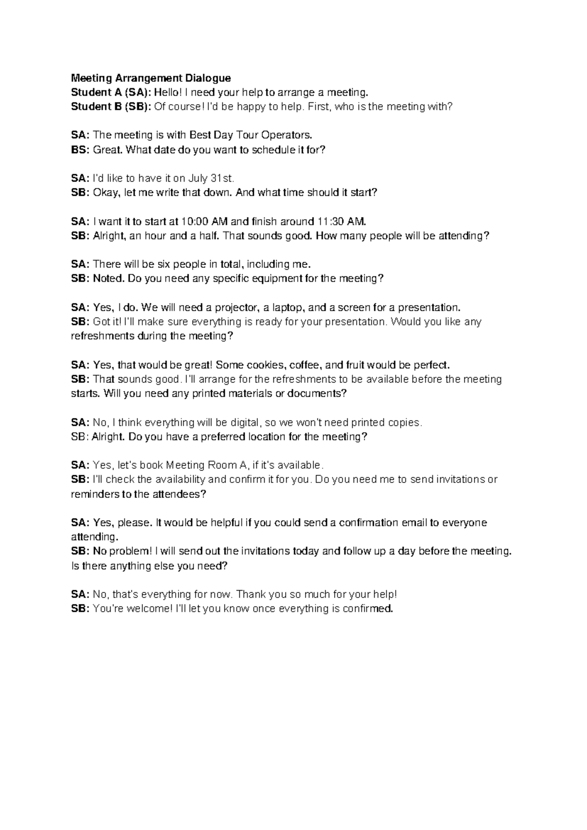 ENG101: Written Dialogue for Meeting Arrangement Task - Studocu