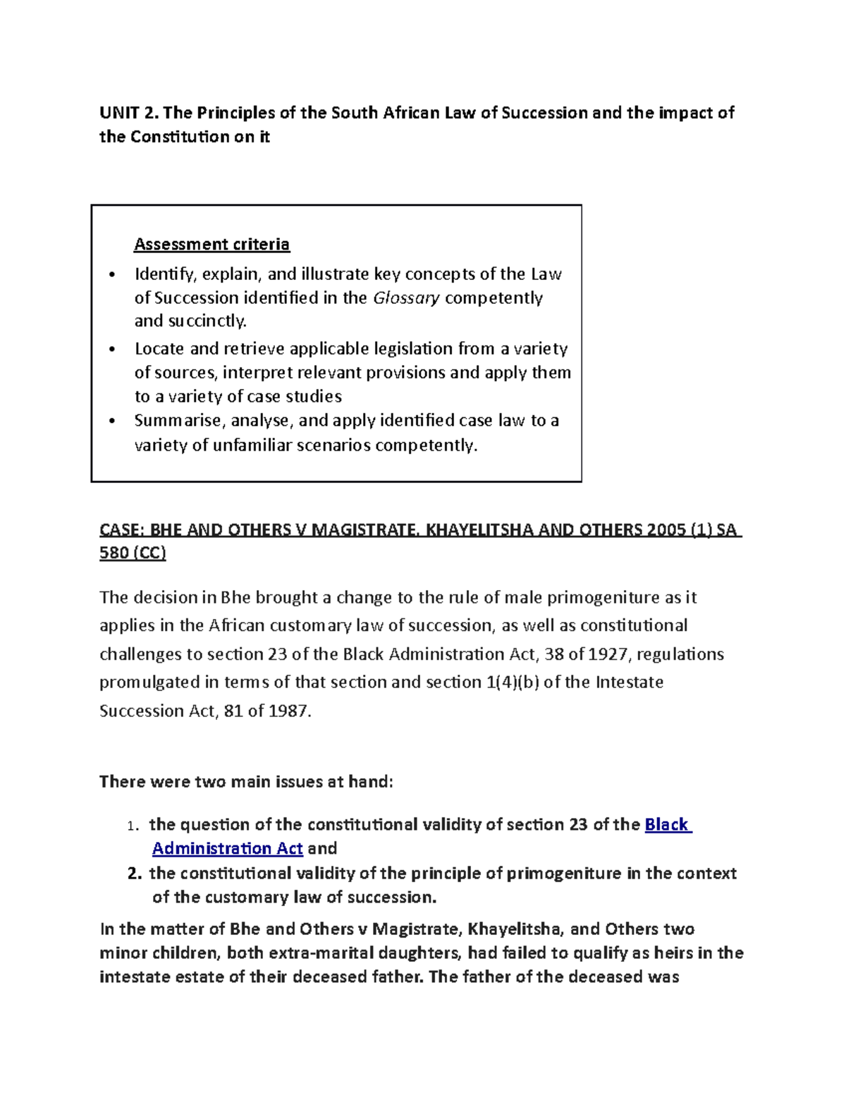 UNIT 2 Notes - in the above document, customary law of succession is ...