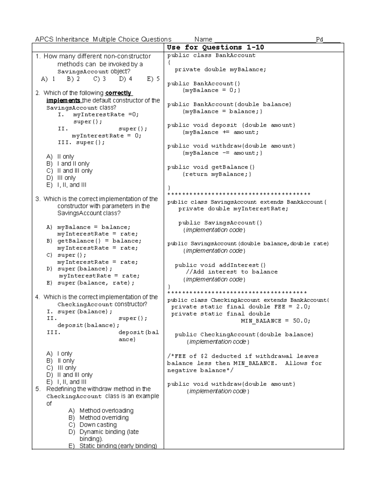 APCS Inheritance MC Questions & Notes for Java Students - Studocu