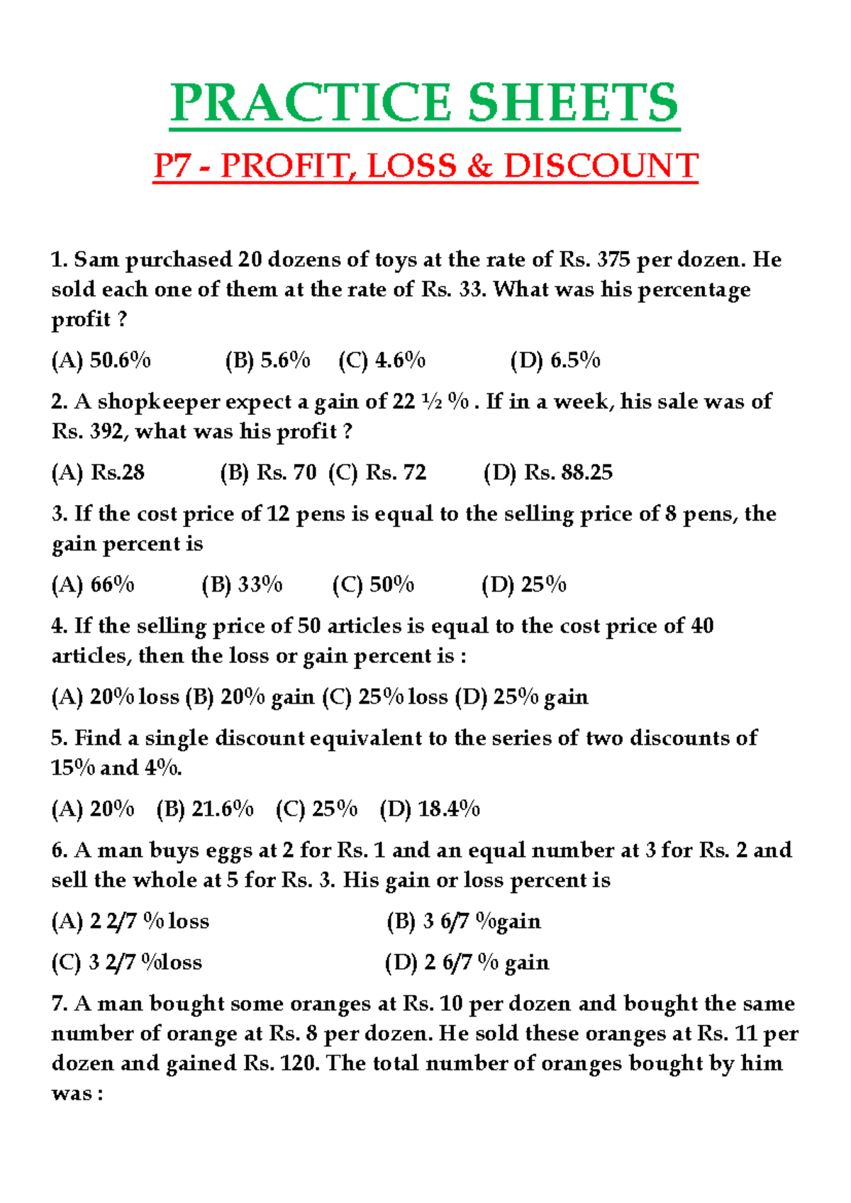 P7 - Practice Sheet on Profit, Loss & Discount Concepts - Studocu