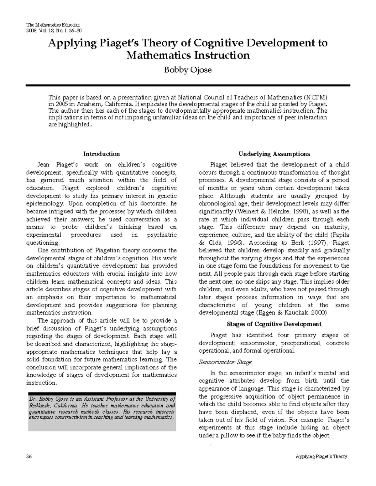 Applying Piaget's Theory to Math Instruction (Edu 307) - Studocu