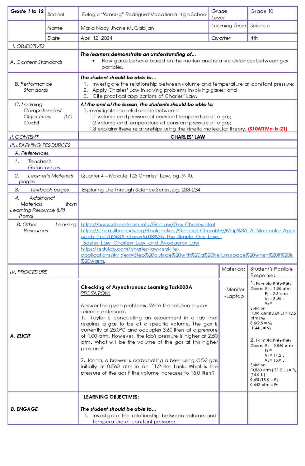 Charles Law DLP - Grade 10 Science Lesson Plan Outline - Studocu