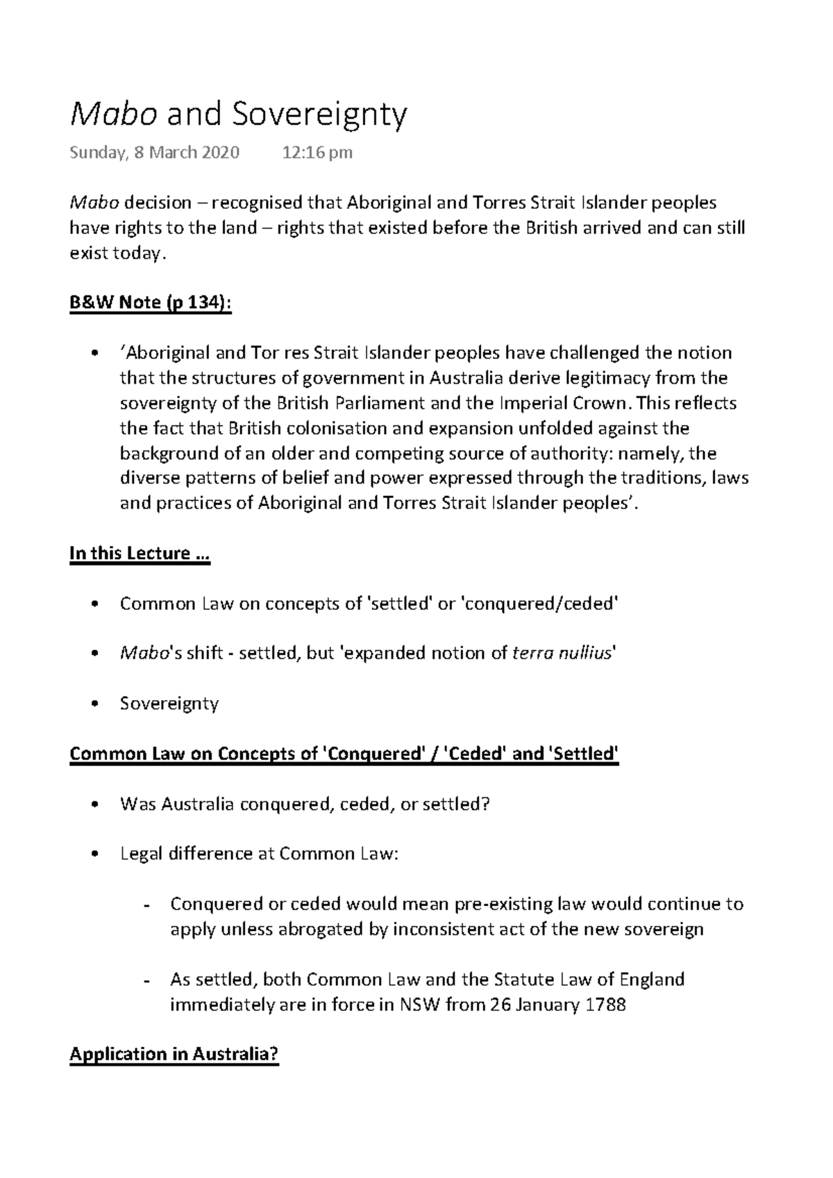 Mabo and Sovereignty - Lecture notes 1 - Mabo decision – recognised ...