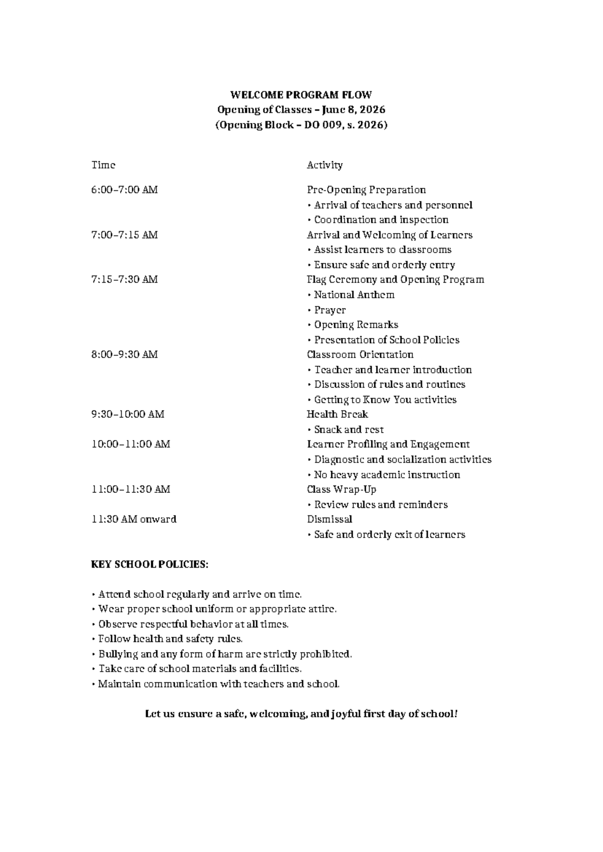 Welcome Program Flow for Opening Block DO 009, s. 2026 - Studocu