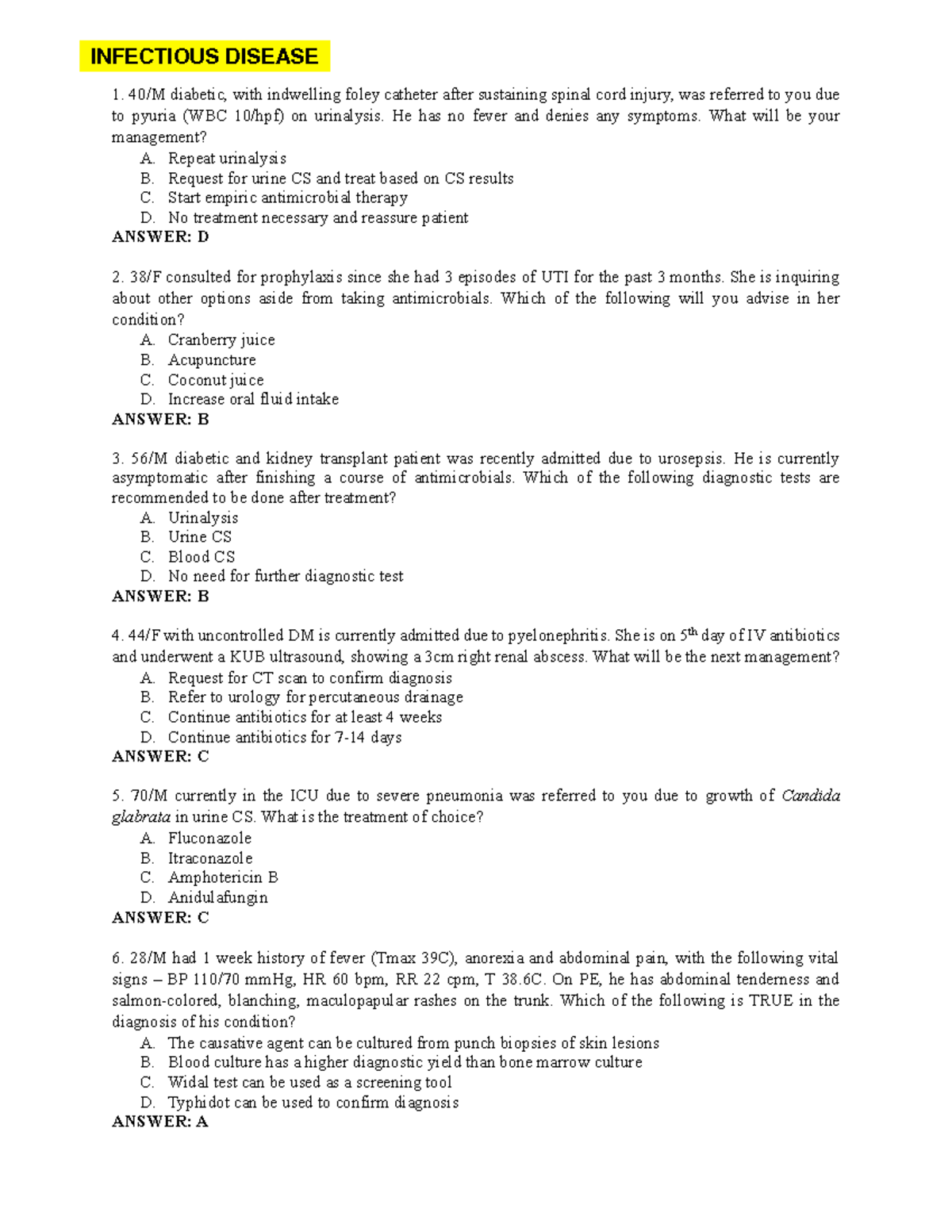 RITE 2 EXAM: Infectious Disease Management & Answer Key - Studocu