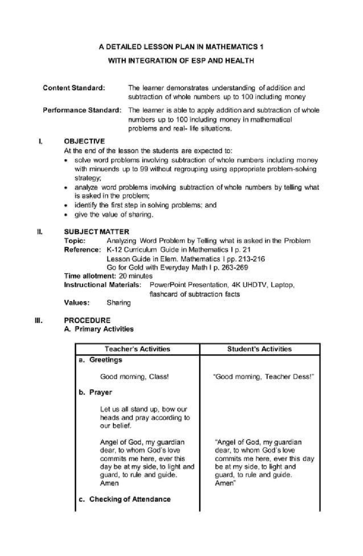 Mathematics 1 Lesson Plan: Addition & Subtraction of Whole Numbers ...
