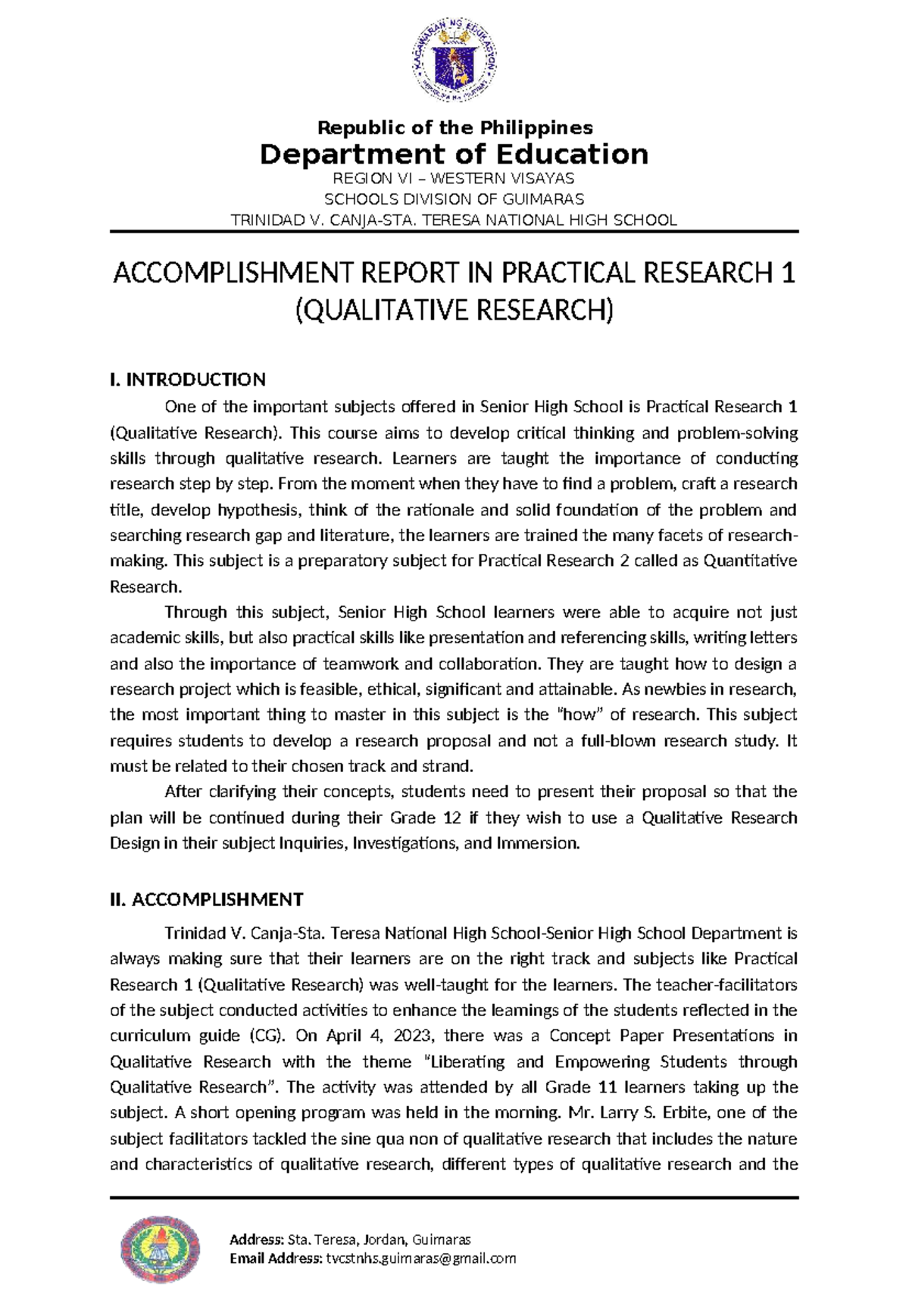 Accomplishment Report for Practical Research 1 (Qualitative Research ...