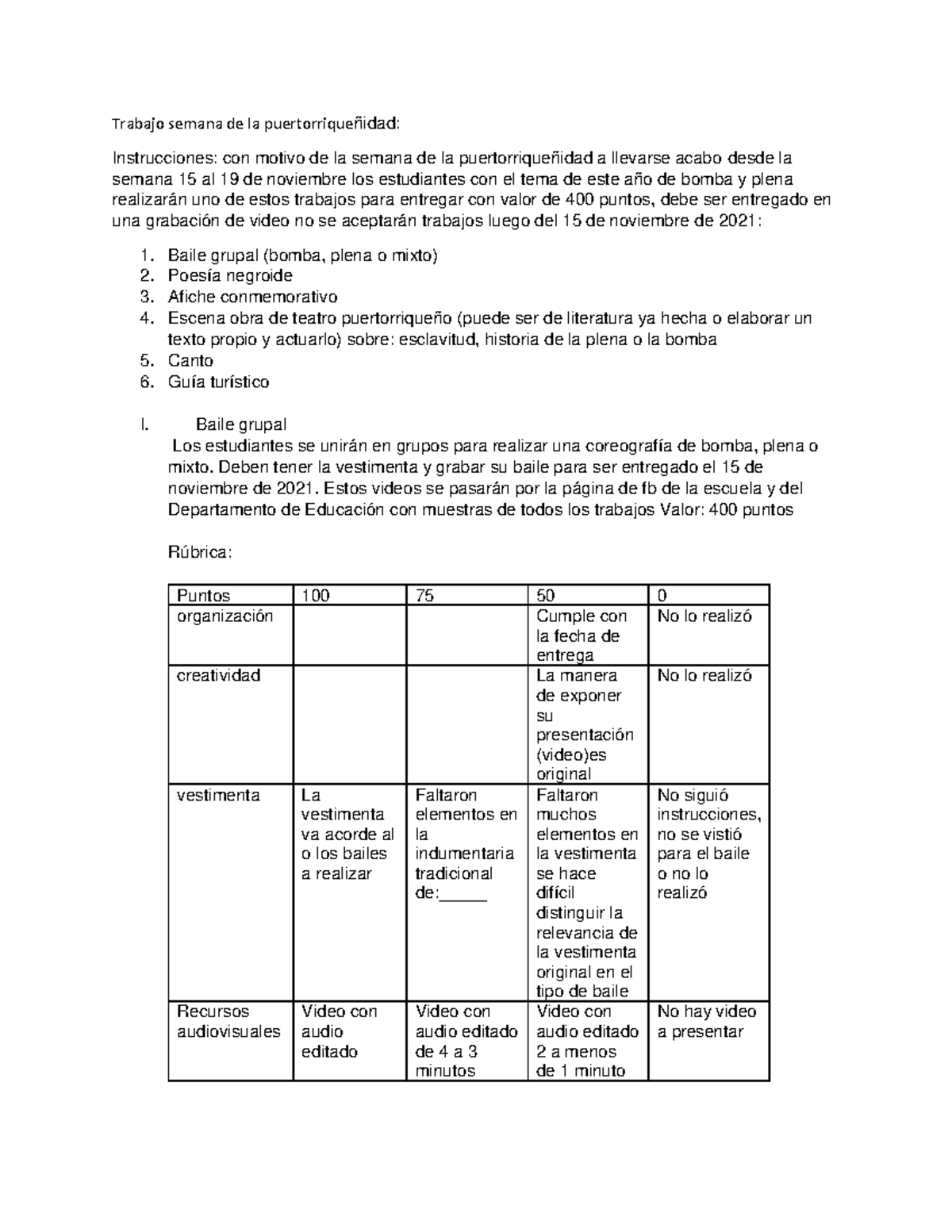 Trabajo de la Semana de la Puertorriqueñidad: Bomba y Plena - Studocu