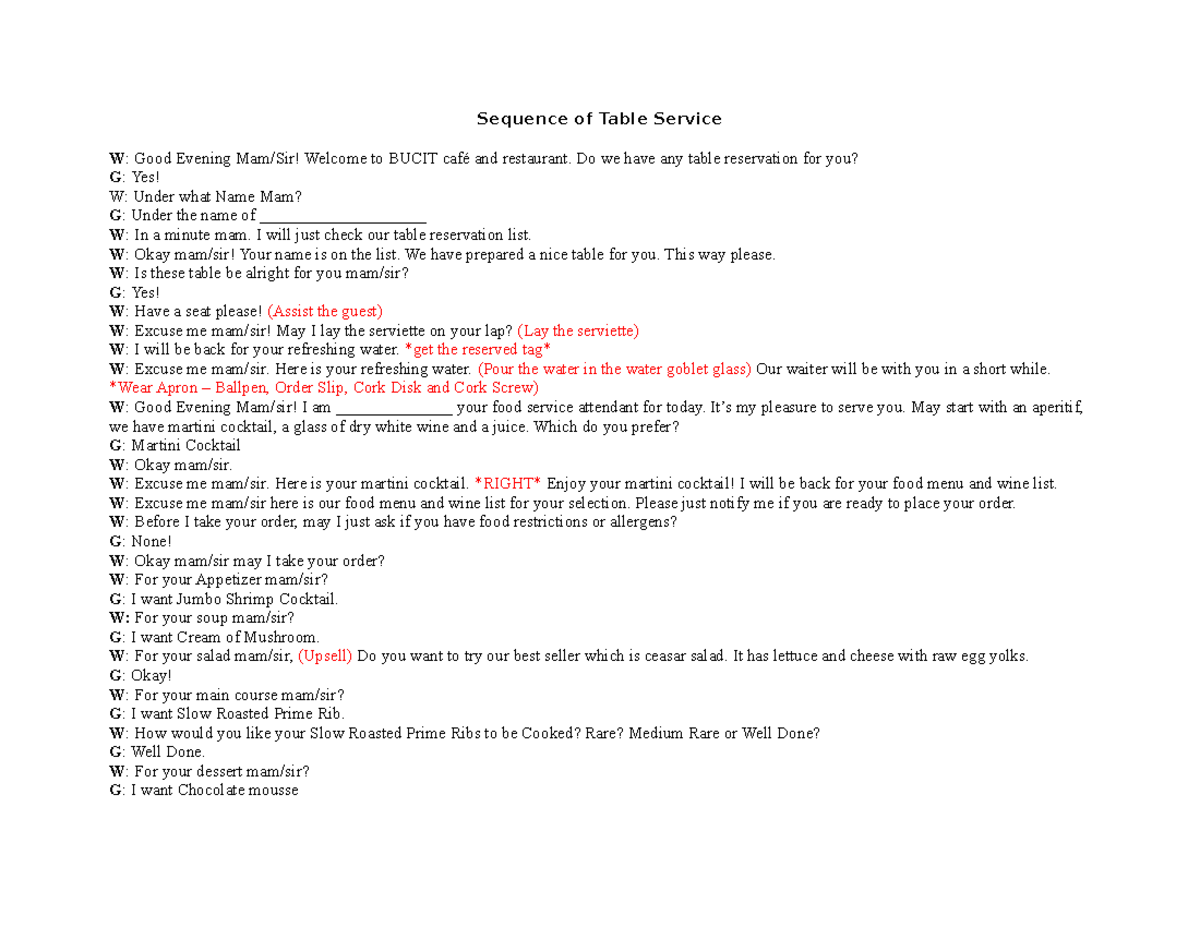 Sequence-of-Table-Service-Script - Sequence of Table Service W: Good ...