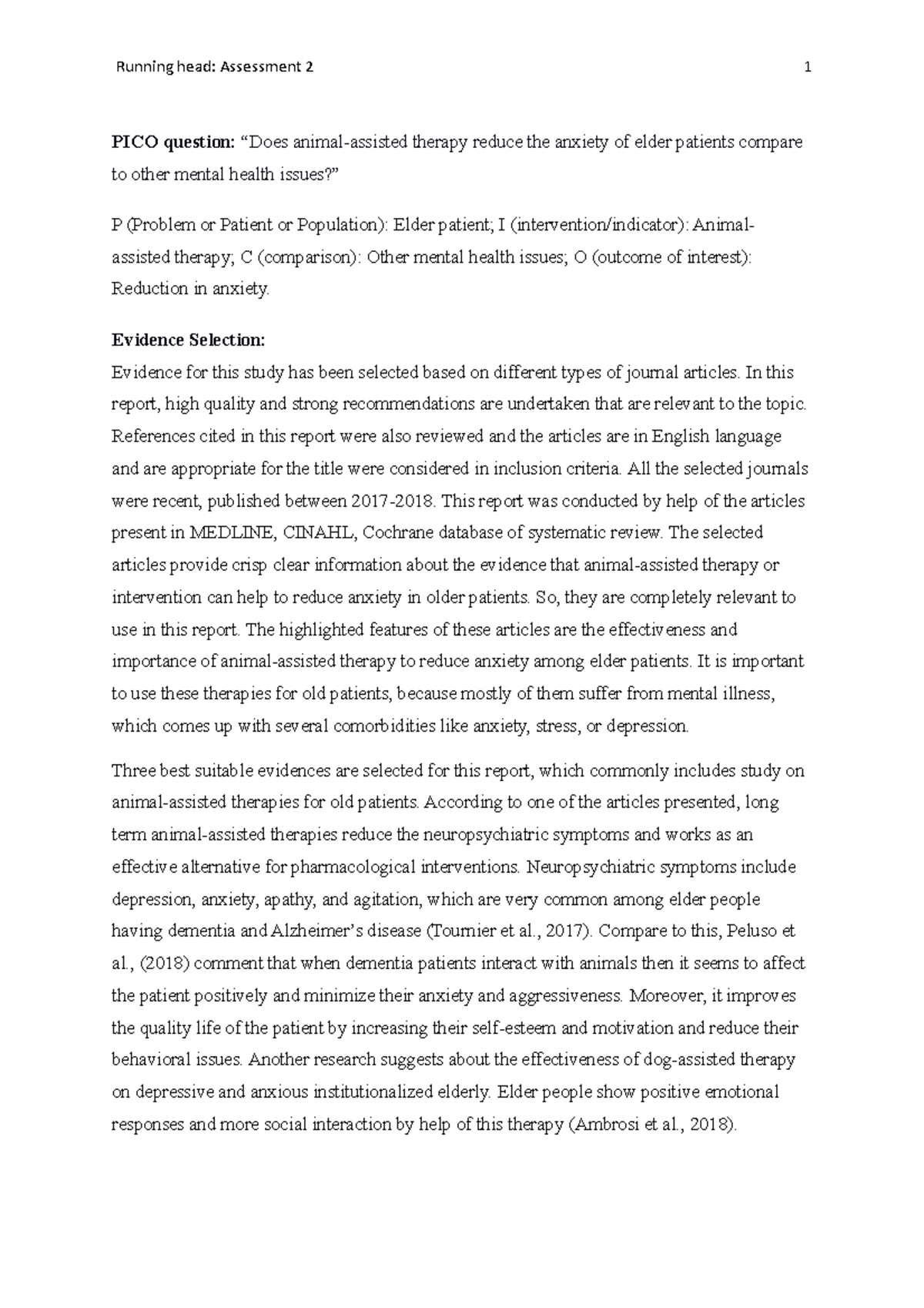 Pico assesmment 2- evidence based practice - PICO question: “Does ...