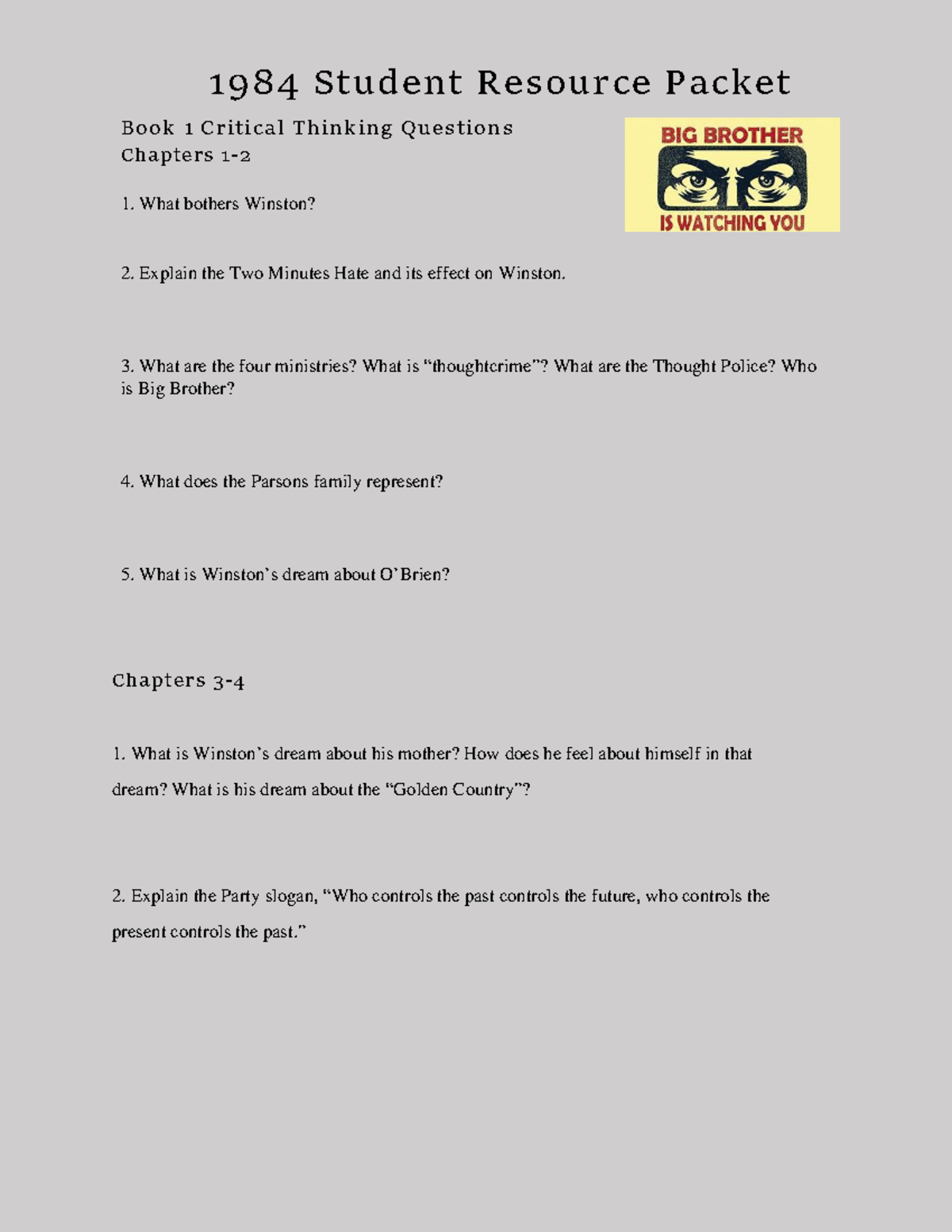 1984: Critical Thinking Questions for Chapters 1-3 and Themes Analysis ...