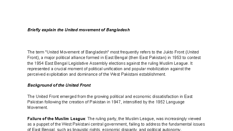 HIST 101: The United Front Movement in Bangladesh (1953-1954) - Studocu