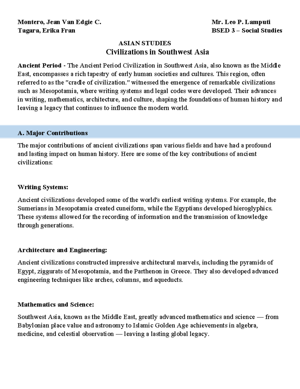 BSED 3 Final Exam: Civilizations of Southwest Asia in Ancient Times ...