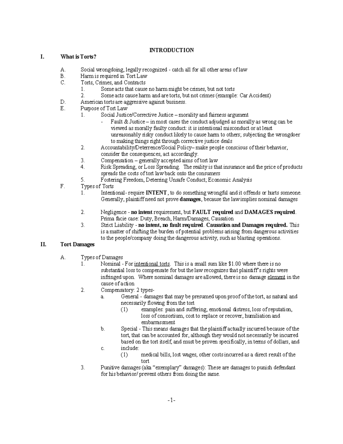 Torts Law Overview: Key Concepts and Principles (Course Code: LAW 101 ...