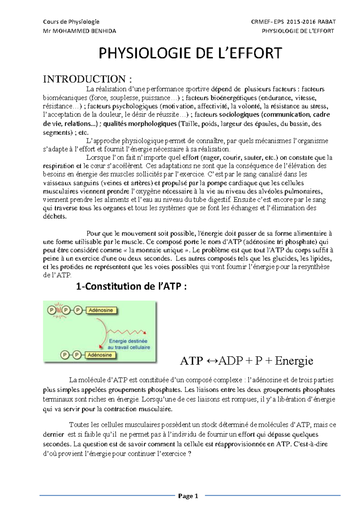 PHYS 101: Cours sur la Physiologie de l'Effort et ses Mécanismes - Studocu