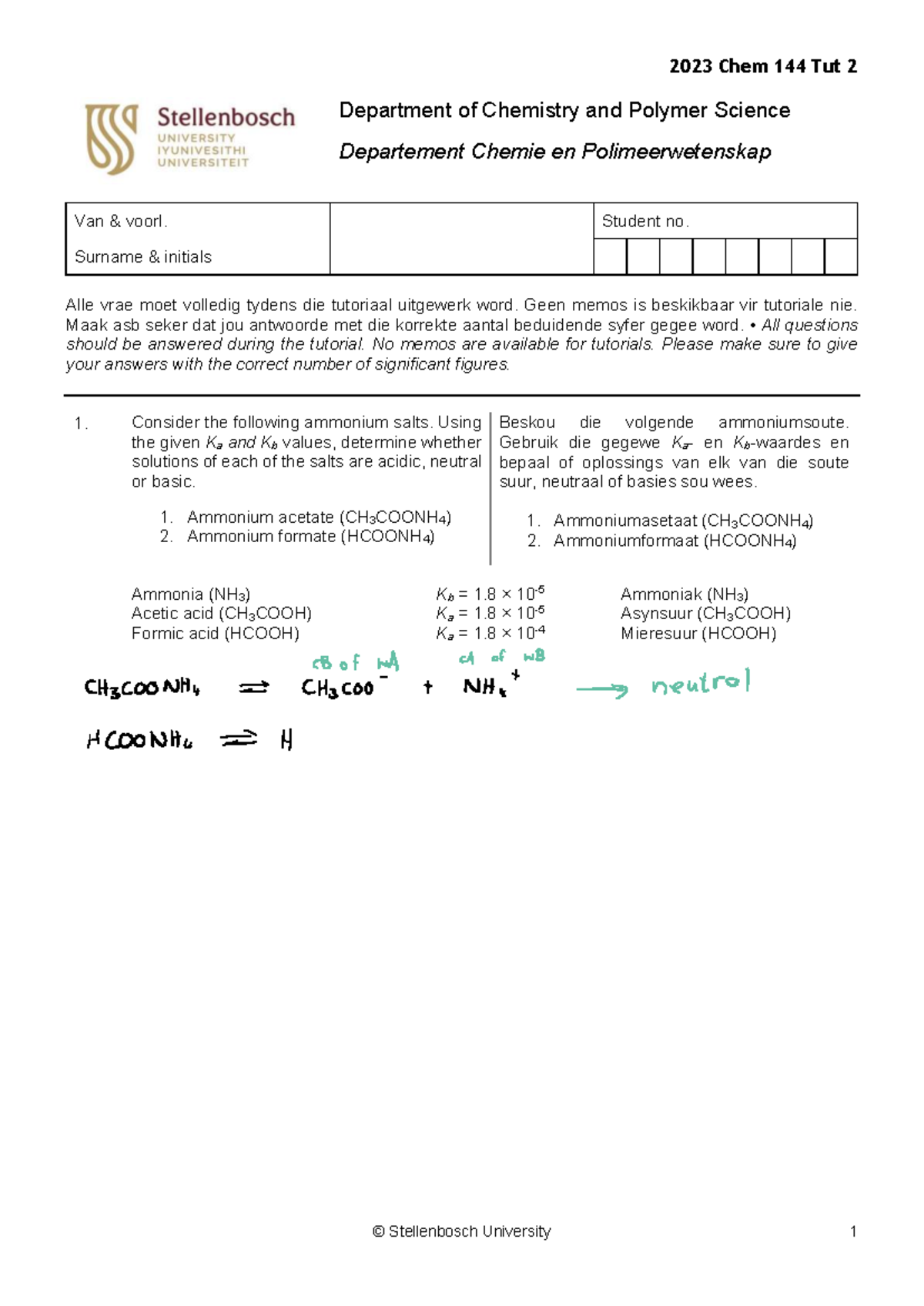 2023 Chem 144 Tutorial 2: Ammonium Salts and Buffer Solutions - Studocu