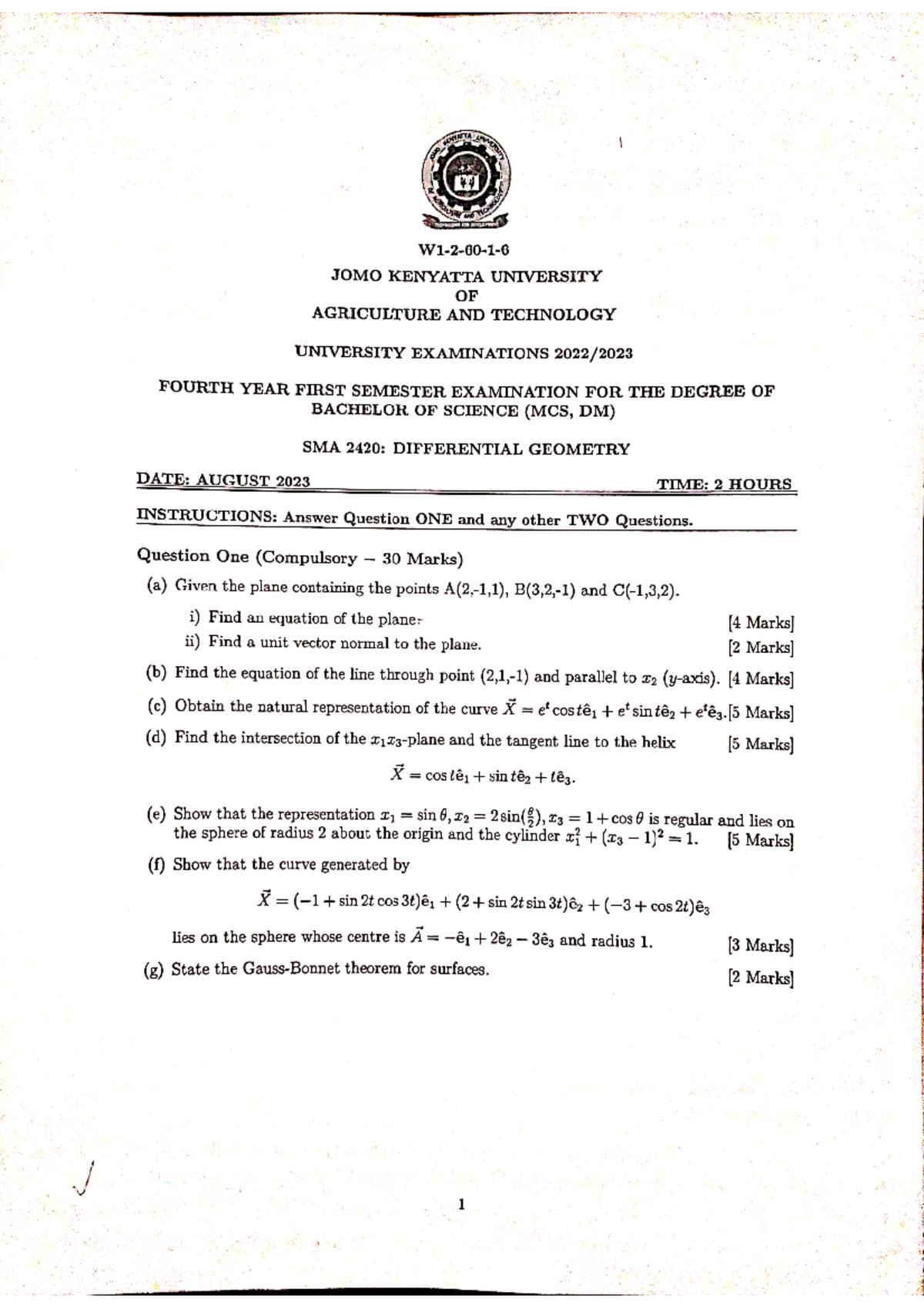 SMA 2420: Differential Geometry & SMA 2400: Partial Differential ...