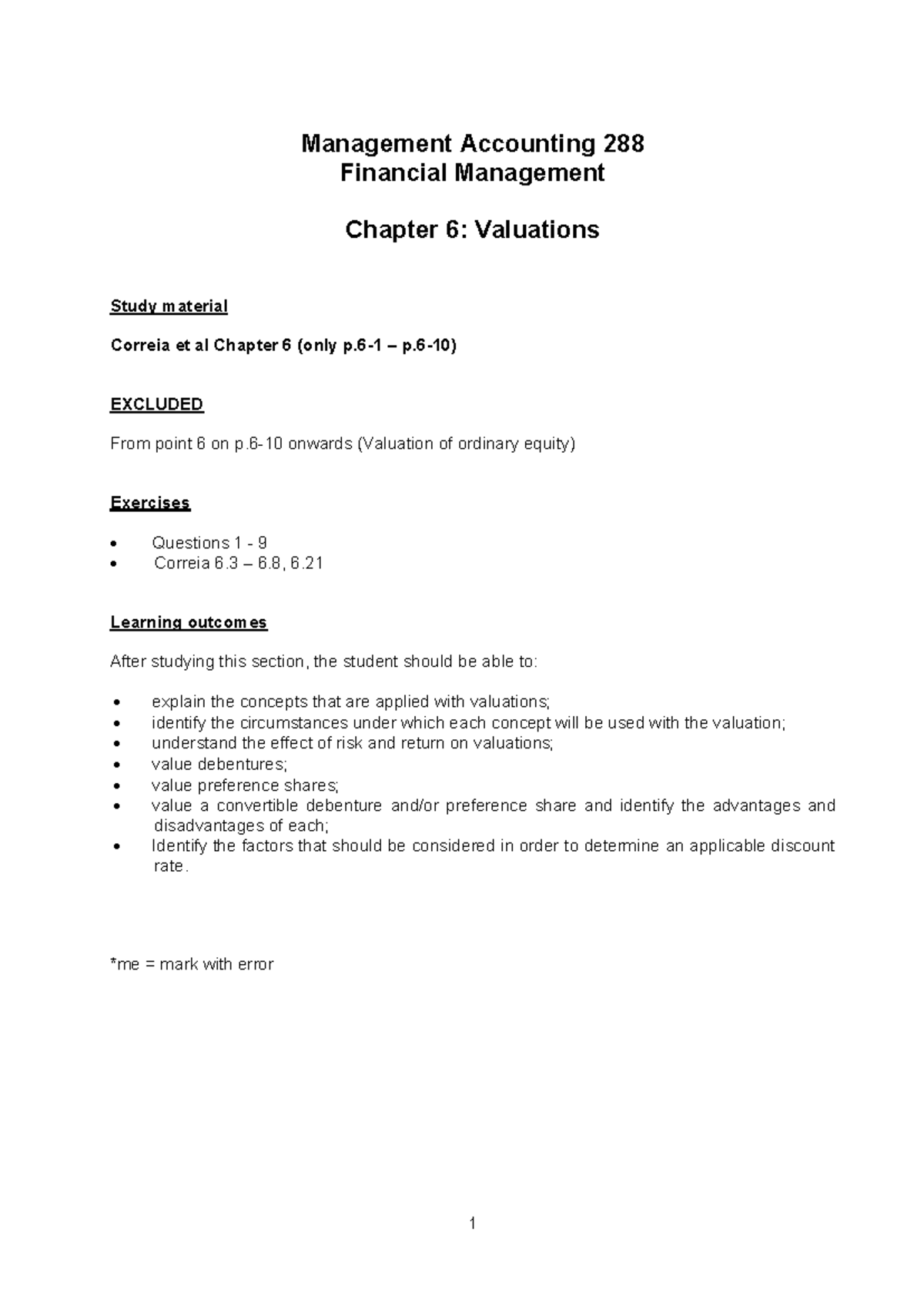 Management Accounting 288: Financial Management Chapter 6 - Valuations ...