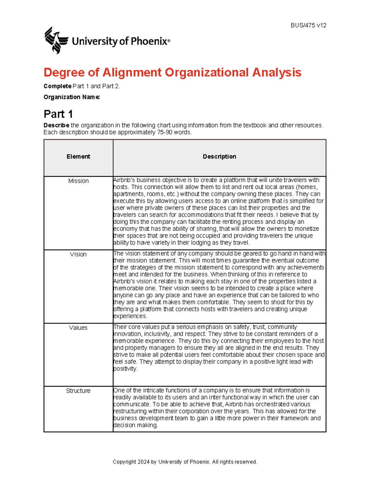 Degree of Alignment Organizational Analysis for BUS/475: Airbnb Case ...