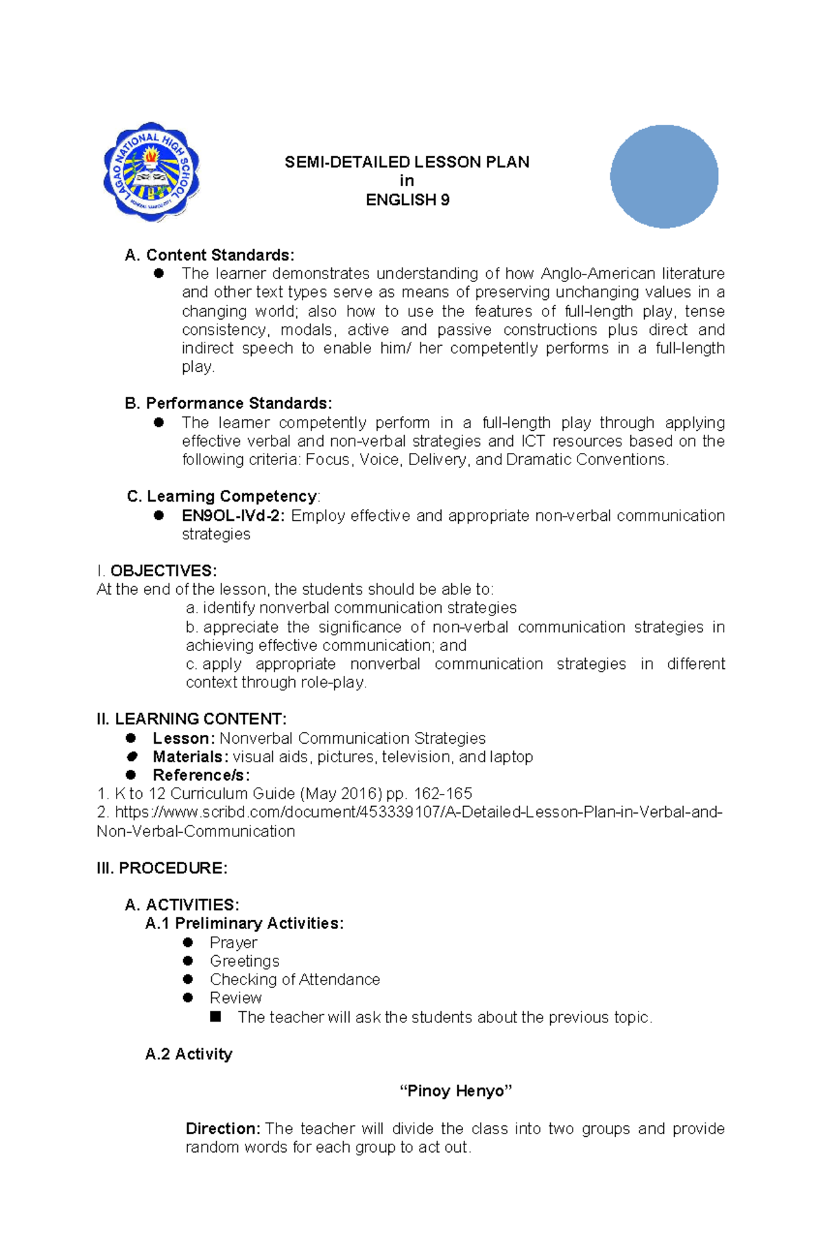 ENGLISH 9 A: Lesson Plan on Nonverbal Communication Strategies - Studocu