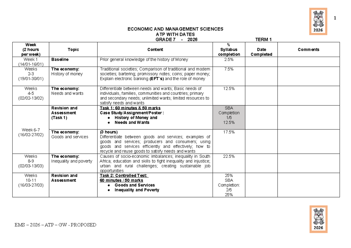 2026 EMS Grade 7 Annual Teaching Plan (ATP) with Dates - Studocu