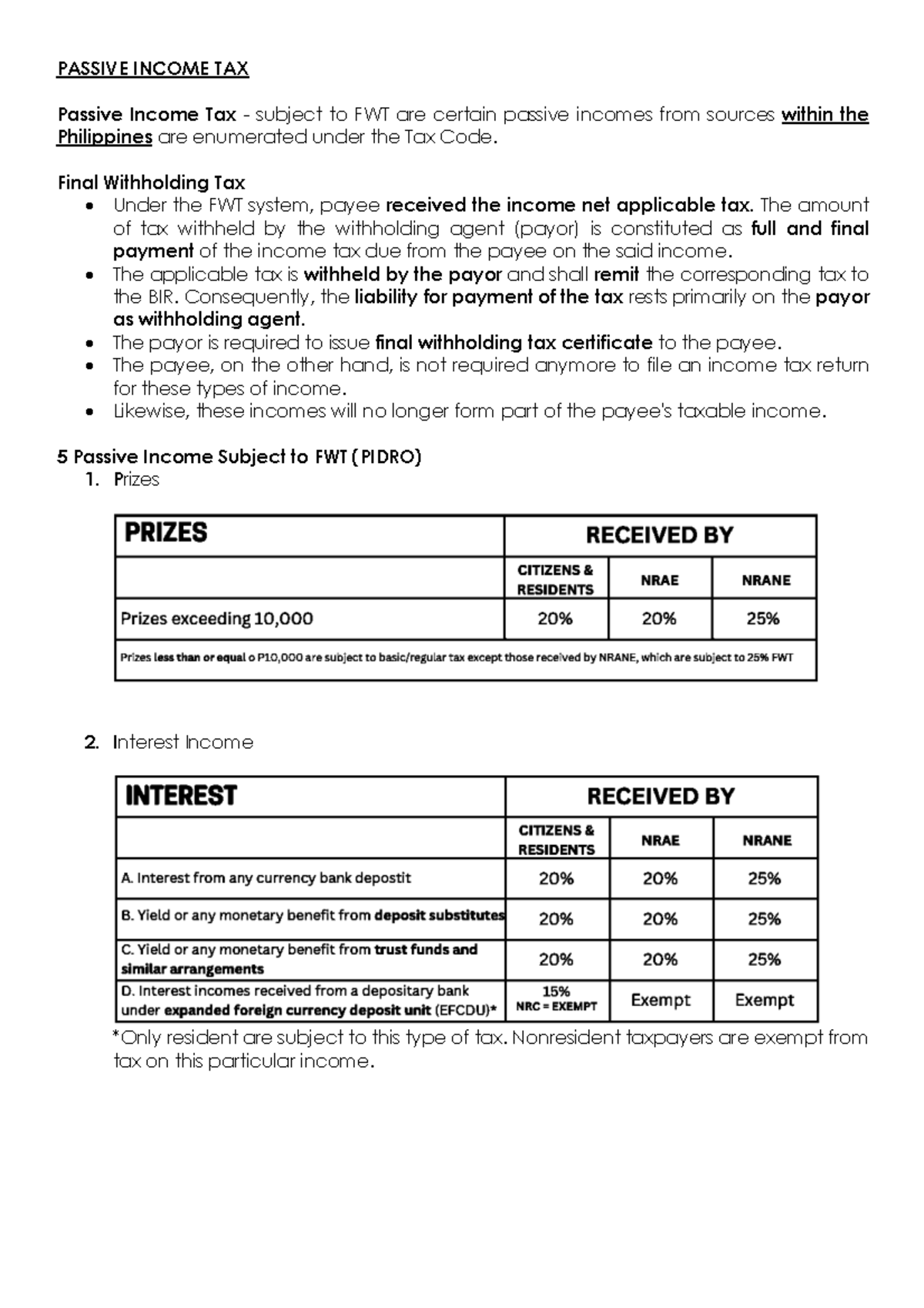 Passive Income Tax and Final Withholding Tax Overview - Studocu