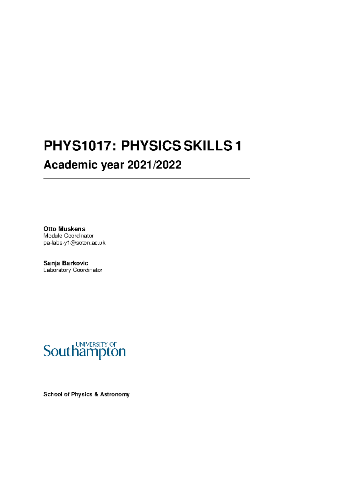 PHYS1017 Lab Notes - PHYS1019 - Southampton - Studocu