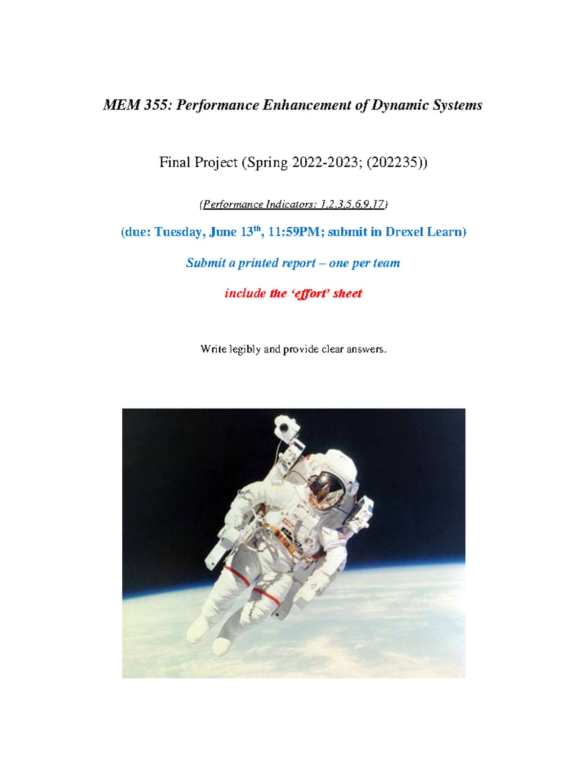 MEM 355 Final Project: Performance Enhancement of Astronaut Systems ...