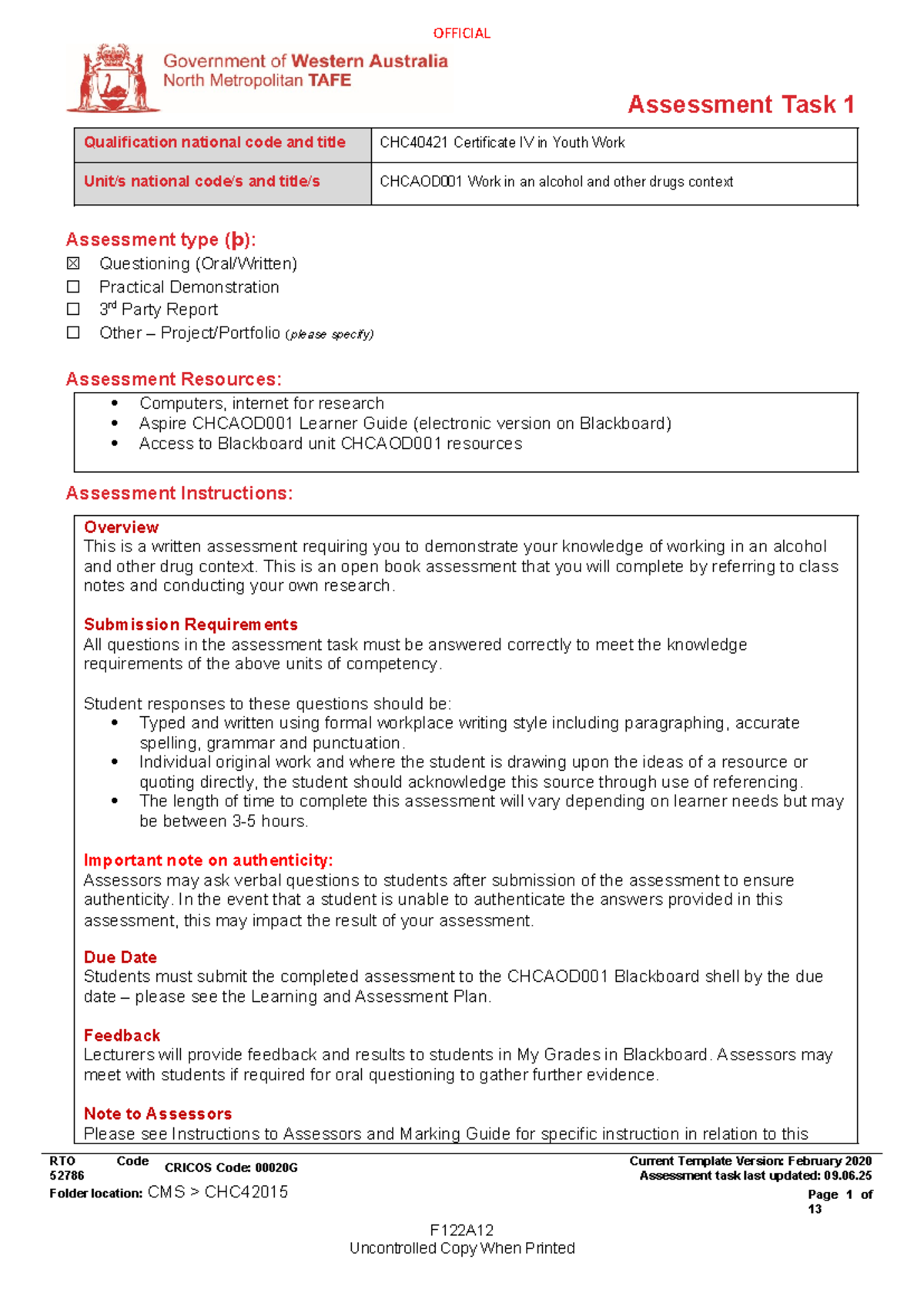 CHCAOD001 Assessment Task 1: Knowledge in AOD Contexts - Studocu