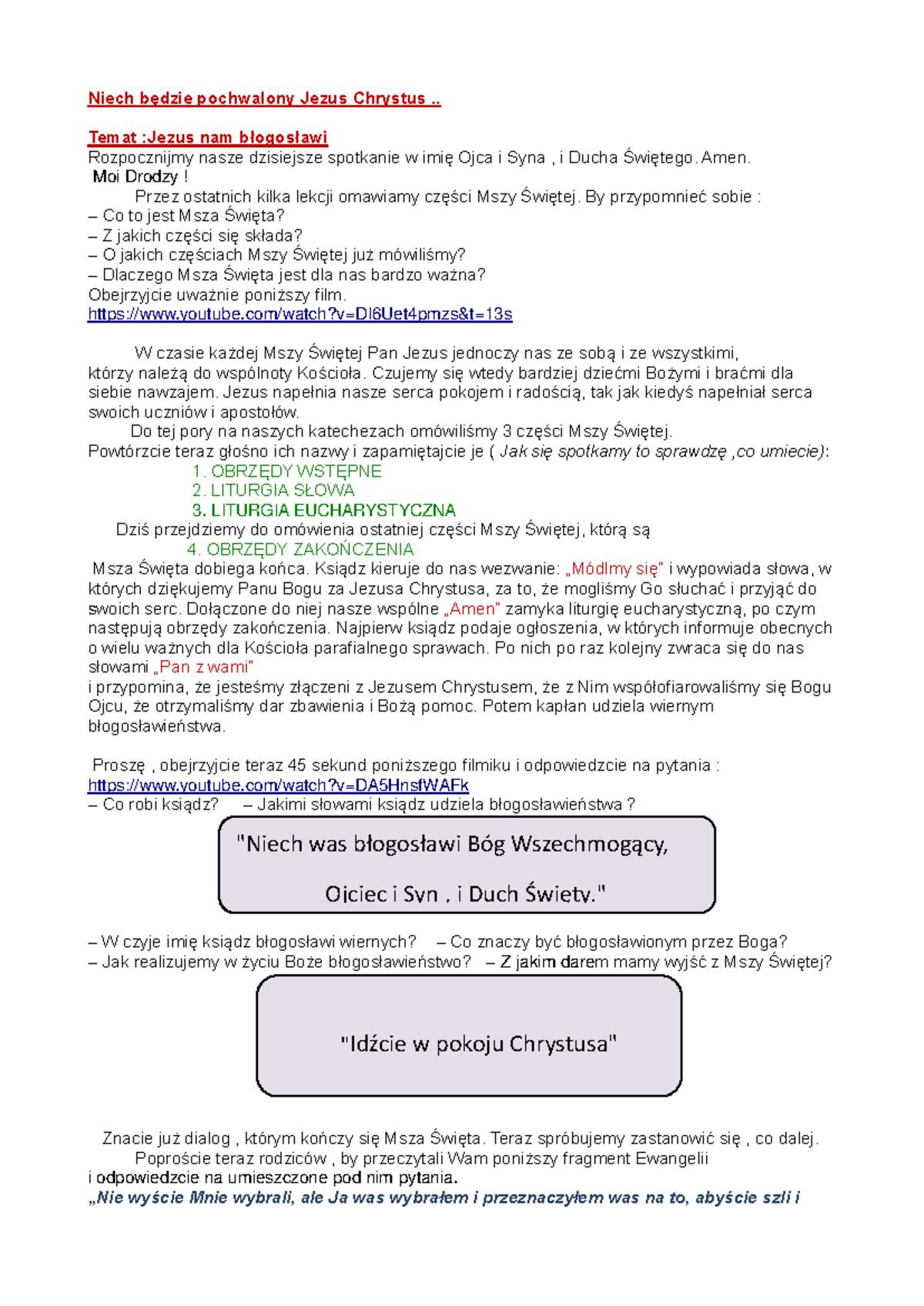 Klasa 3 Religia: Msza Święta - Części i Znaczenie - Studocu