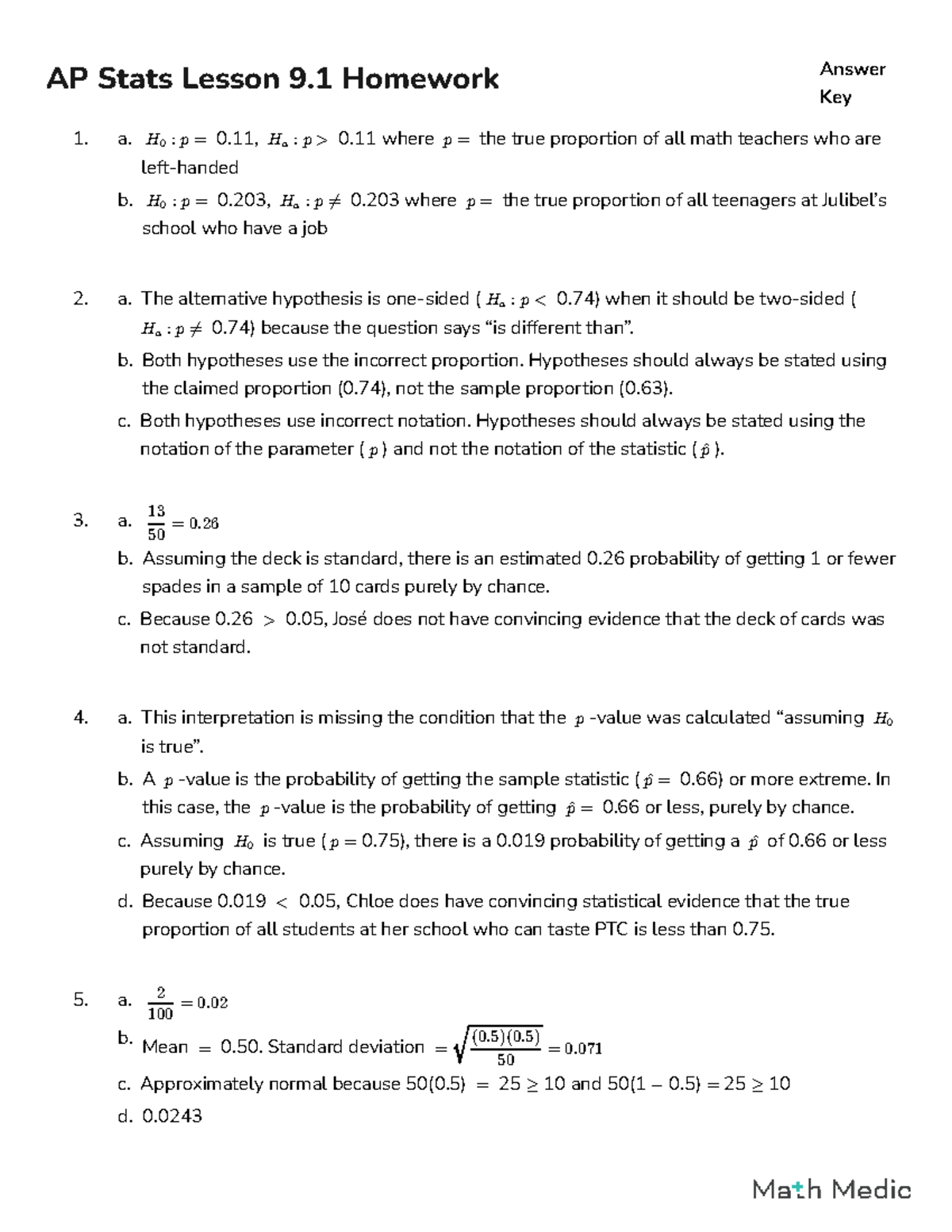 AP Stats 9.1 Homework Key: Hypothesis Testing Insights - Studocu