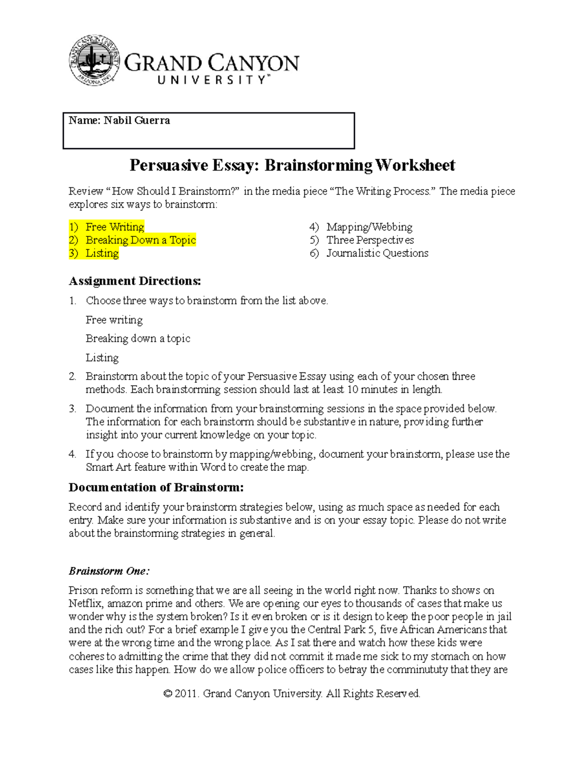 PHI-105 T-2 Brainstorming Worksheet - Name: Nabil Guerra Persuasive ...