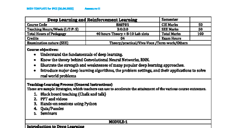 Deep Learning & Reinforcement Learning Syllabus BAI701 (2022) - Studocu
