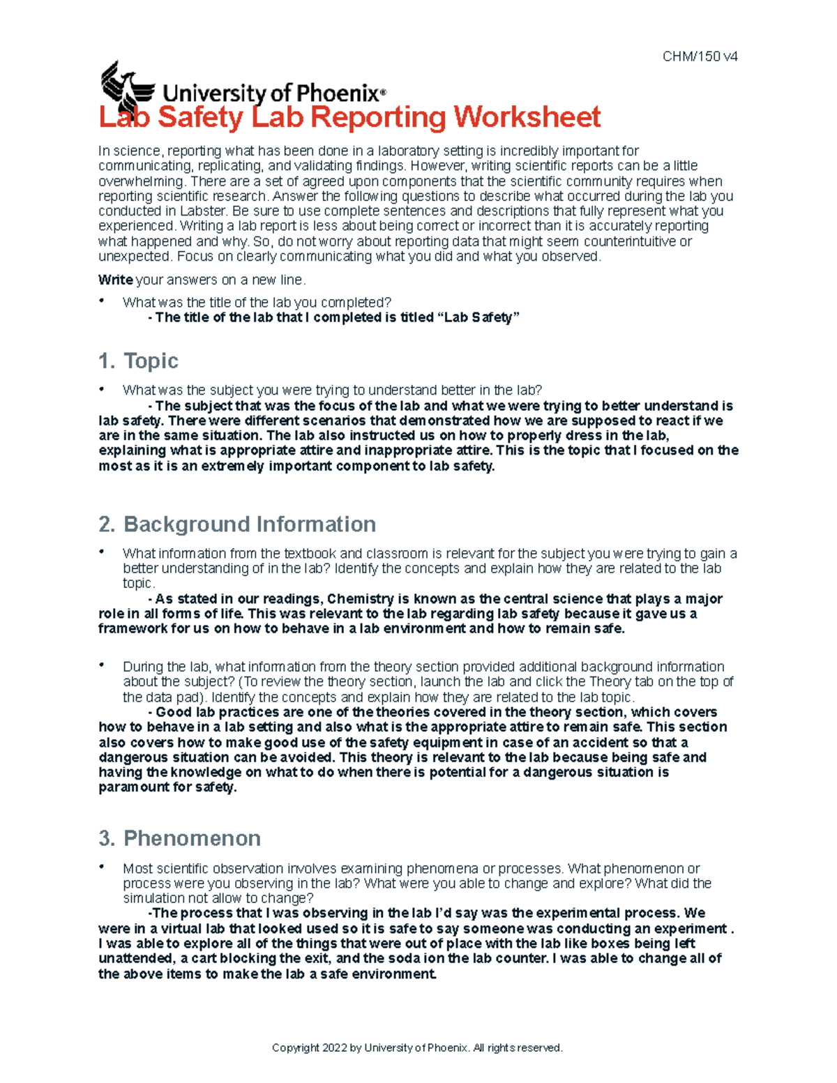 CHM/150 v Lab Safety Reporting Worksheet Insights and Observations ...