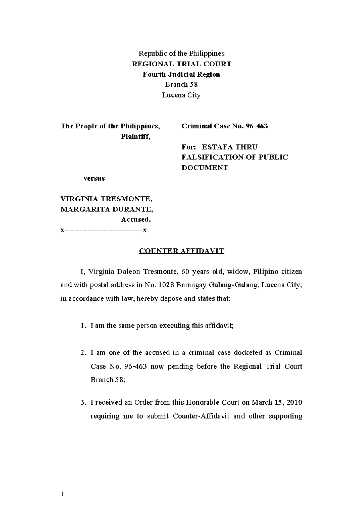 Counter Affidavit for Criminal Case No. [Insert Case No.] - Philippines ...