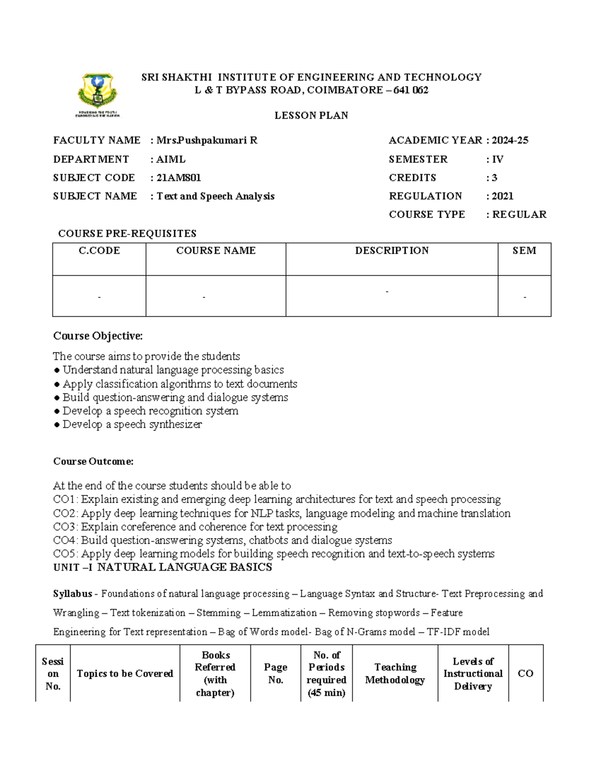 TSA 21AM801 Lesson Plan: Text and Speech Analysis for AIML IV - Studocu