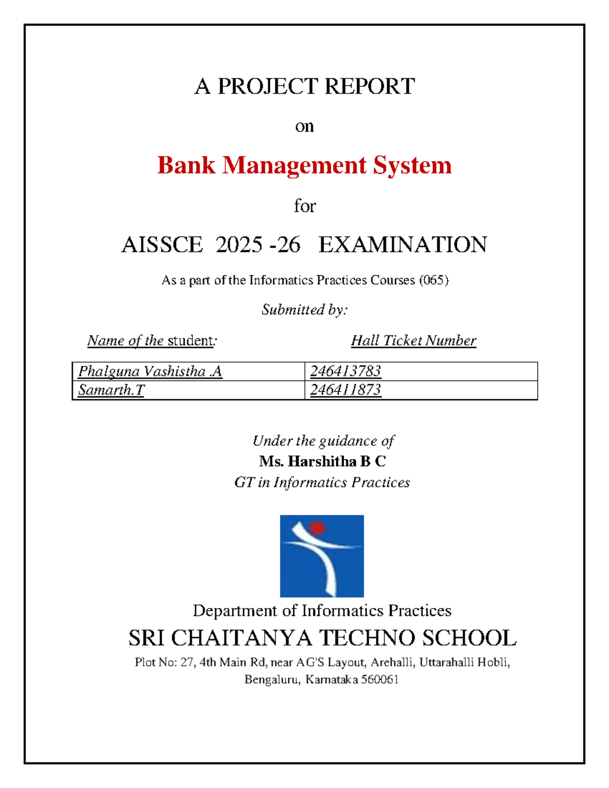AISSCE 2025 Project Report: Bank Management System in IP (065) - Studocu