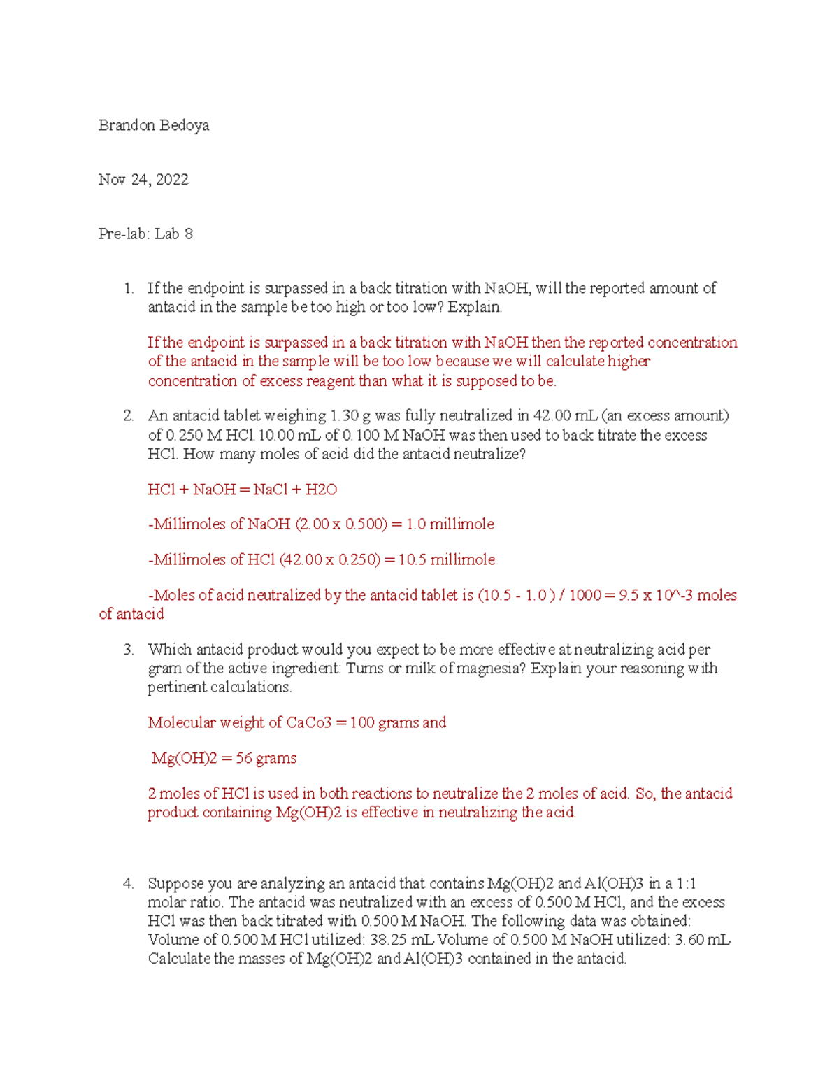 LAB 8: Back Titration of Antacids in General Chemistry - Studocu