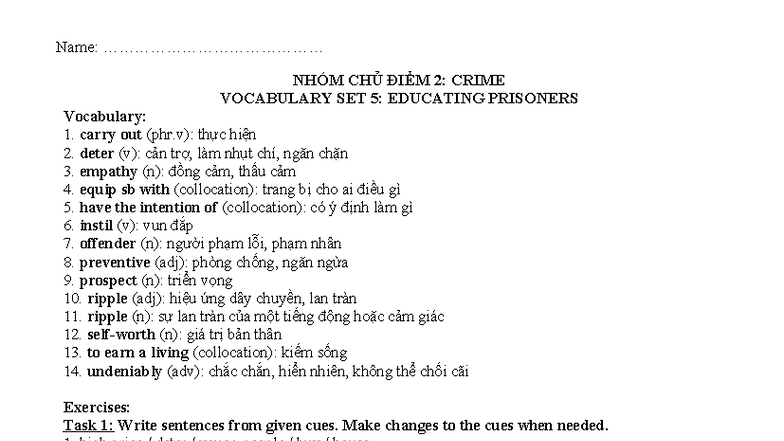Vocabulary Set 5: Educating Prisoners - Crime Terms & Exercises - Studocu