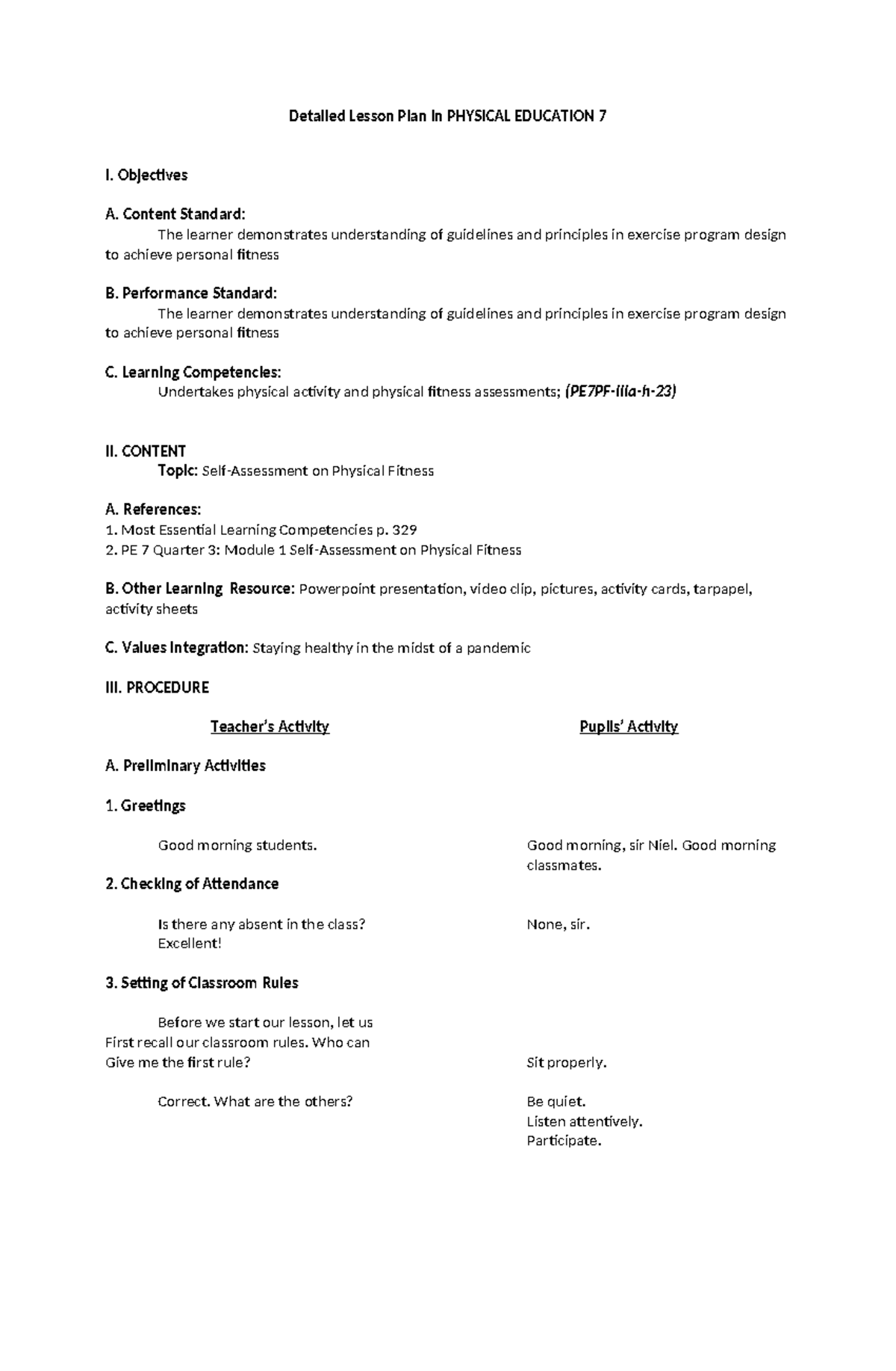 Detailed Lesson Plan for PE 7: Fitness Self-Assessment Activities - Studocu