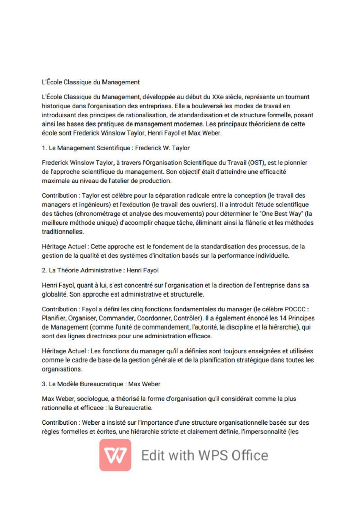 L'École Classique du Management : Théories et Contributions - Studocu